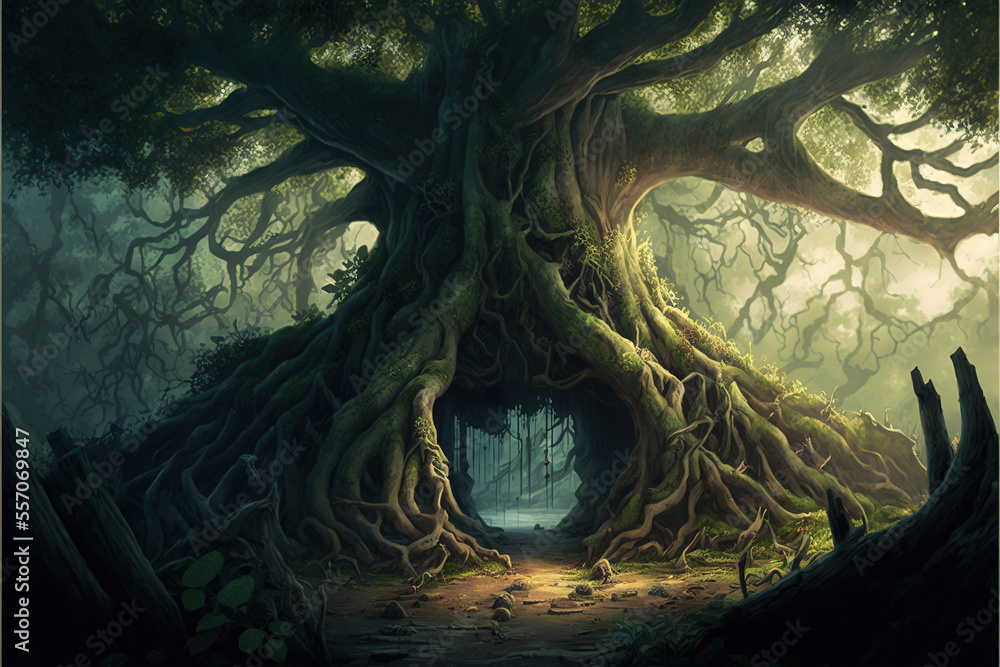 Giant tree illustration with entrance in center, extensive root system ...
