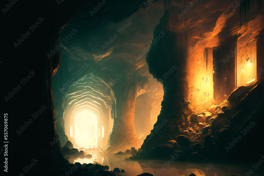 Illustration of hidden fantasy underground cave city with intricate ...