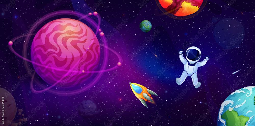Cartoon astronaut in outer space in starry galaxy. Vector illustration ...