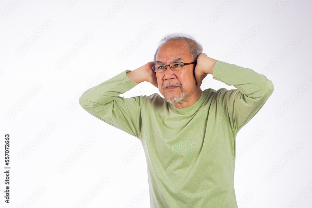 Deaf. Portrait senior old man with glasses sad covering ears with ...