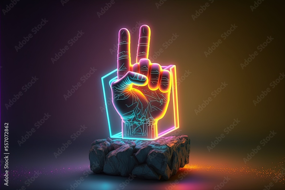 Glowing neon box surrounds an abstract hand doing a rock-and-roll ...