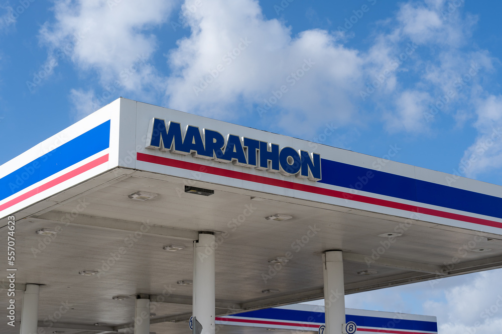 Miami, Florida, USA - January 2, 2022: Close up of Marathon gas station ...