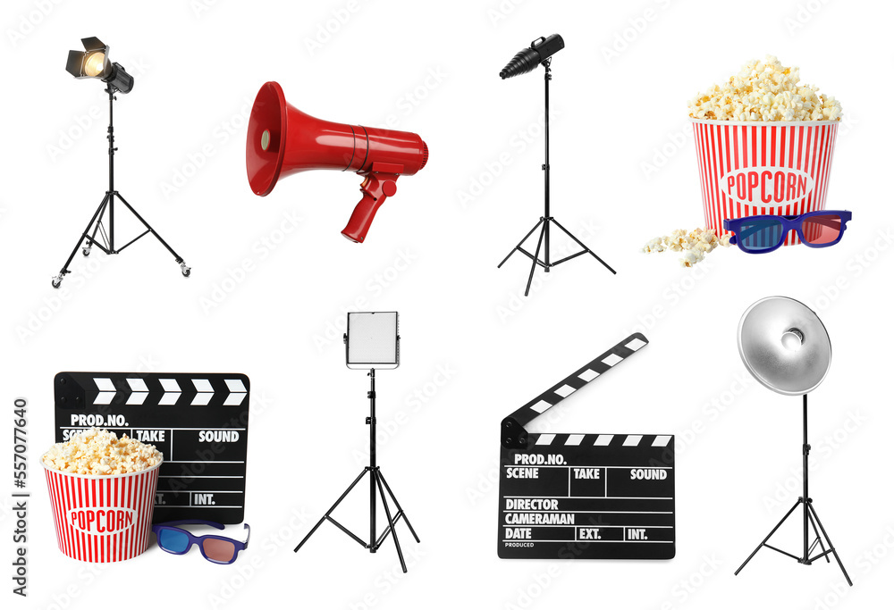 Set with different cinema equipment and popcorn on white background ...