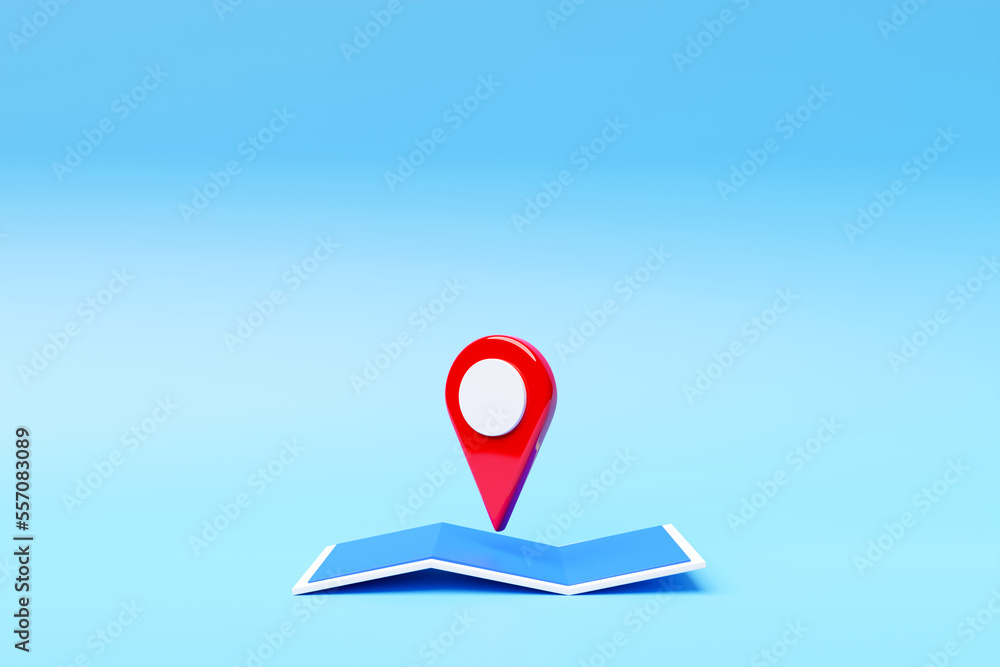 3d illustration of an icon with a red destination point on the map ...