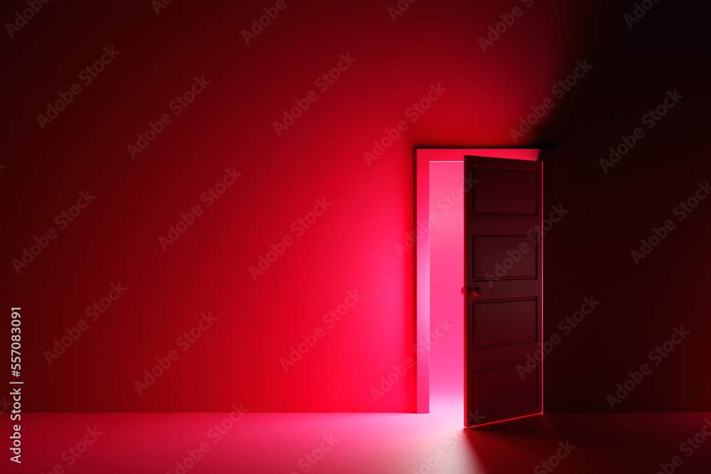3d illustration of open door from which pink light shines in a dark ...