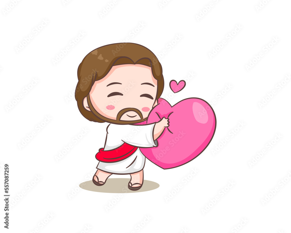 Cute Jesus Christ cartoon character hugging big love heart. Hand drawn ...