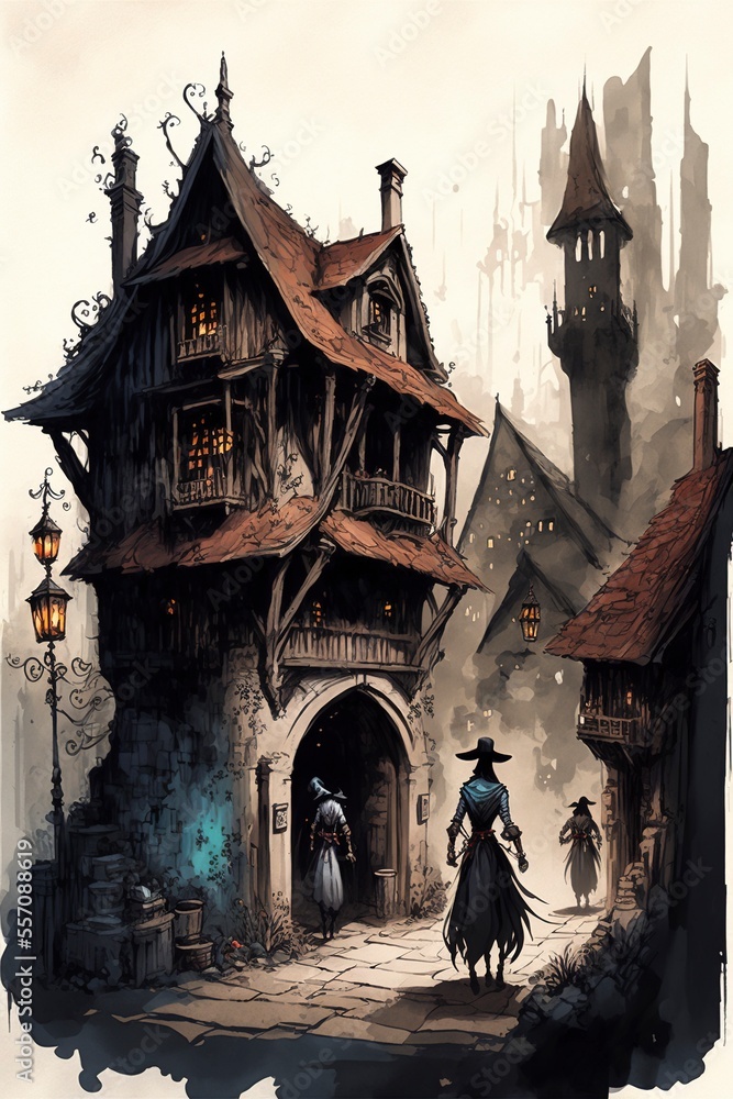 spooky medieval fantasy, line art, watercolor,town Stock Illustration ...