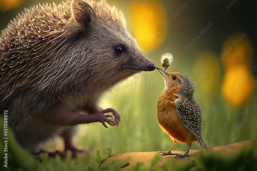 Hedgehog and bird. Animals in the wild. Comedy Wildlife image. Digital artwork Stock ...