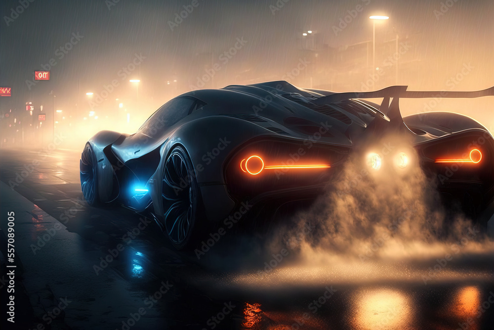 Car on the road. Street racing of the future. Futuristic sports car in ...
