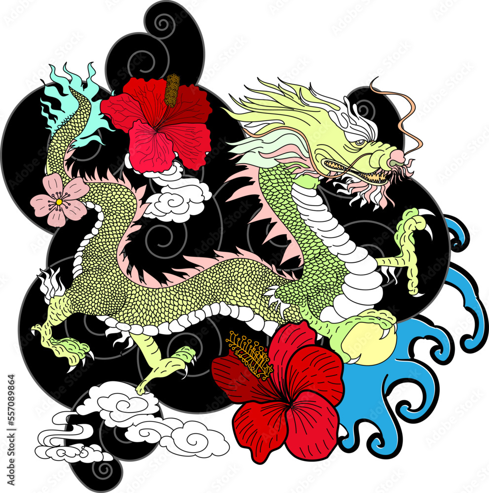 Traditional Japanese dragon with cherry blossom and wave for tattoo ...