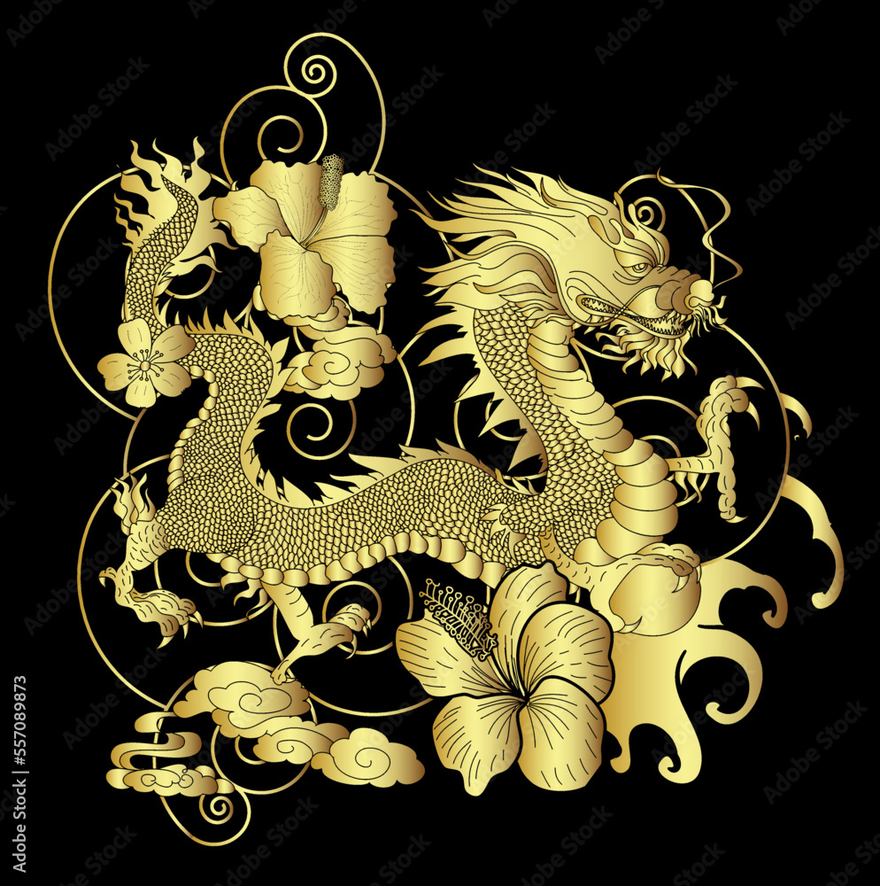 Traditional Japanese dragon with cherry blossom and wave for tattoo ...