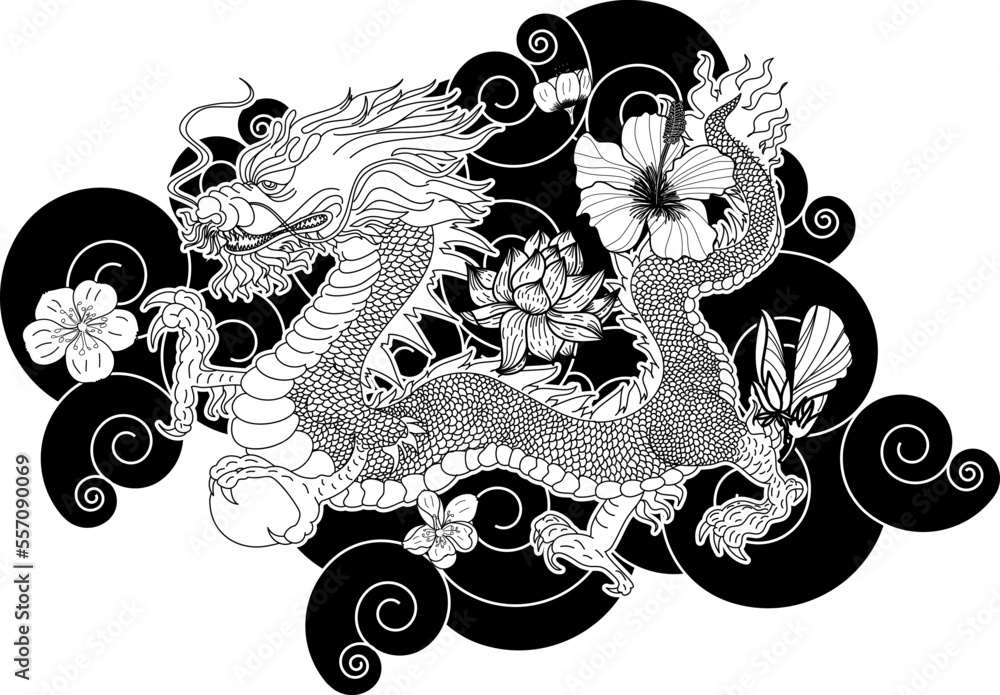 Traditional Japanese dragon with cherry blossom and wave for tattoo ...