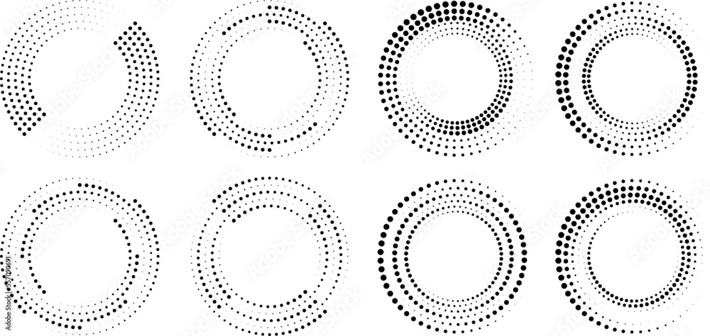 Set of vector dotted lines in circle form. Vector shapes. Halftone dots ...