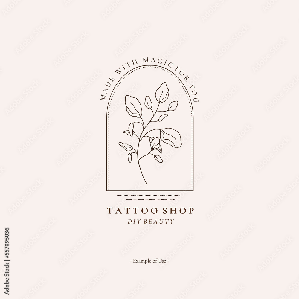 Minimalist floral line art leaves logo template. Botanic outline hand ...