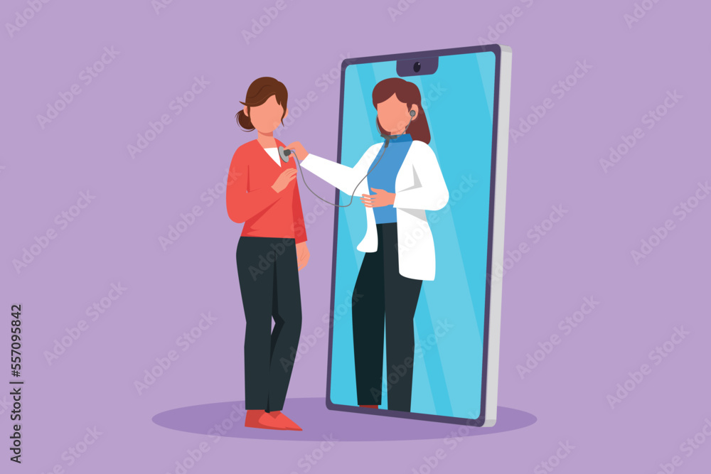 Cartoon flat style drawing female doctor comes out of smartphone screen ...