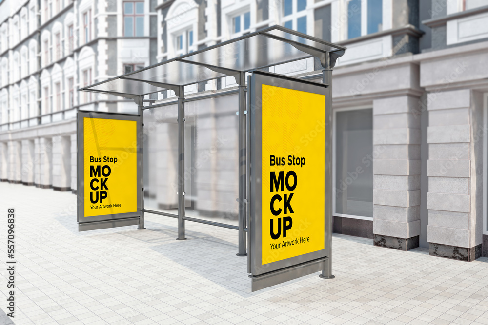 Bus Stop Billboard Bus Shelter Sinage Mockup 3d rendering Stock ...