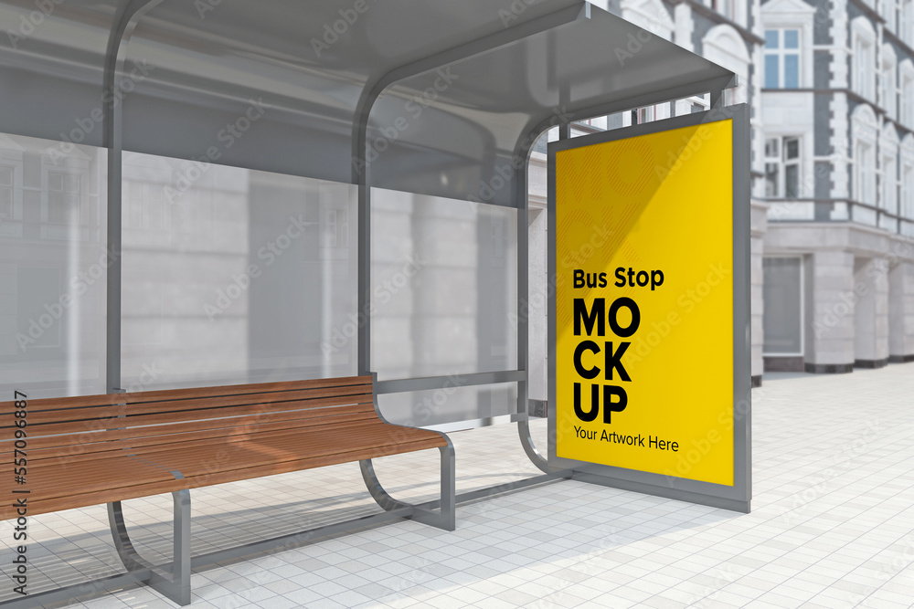Bus Stop Billboard Bus Shelter Sinage Mockup 3d rendering Stock ...