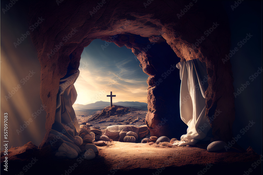 Empty tomb and crucifixion at sunrise with white robe pinned on the ...