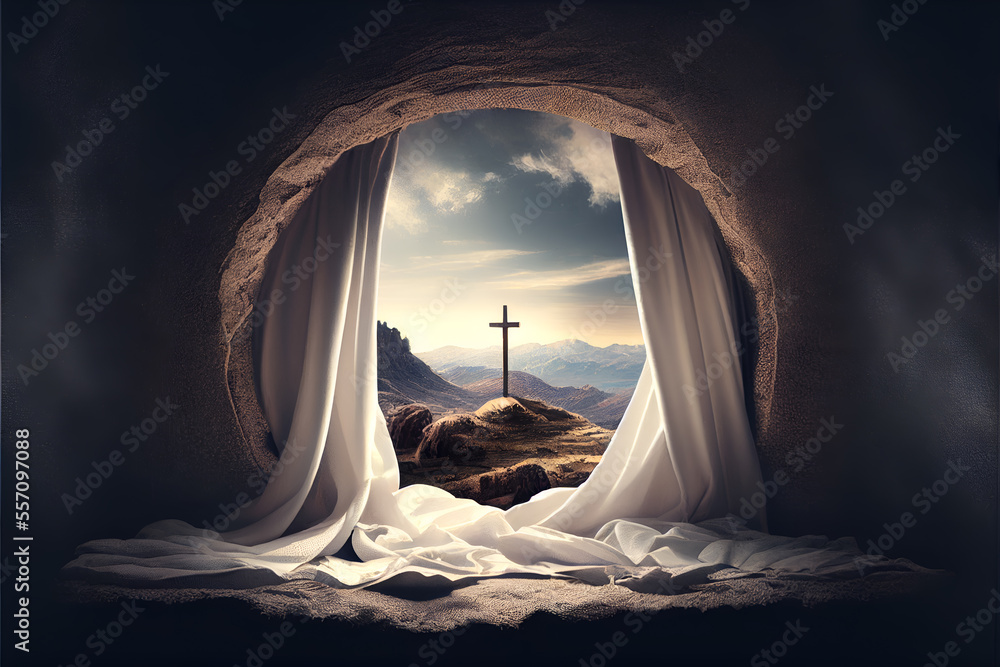Empty Tomb and Crucifixion at Sunrise with White Robe - Resurrection of ...