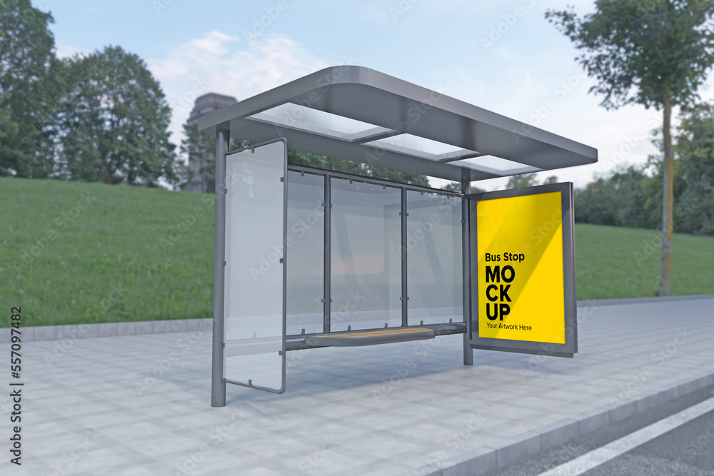 Bus Stop Billboard Bus Shelter Sinage Mockup 3d rendering Stock ...