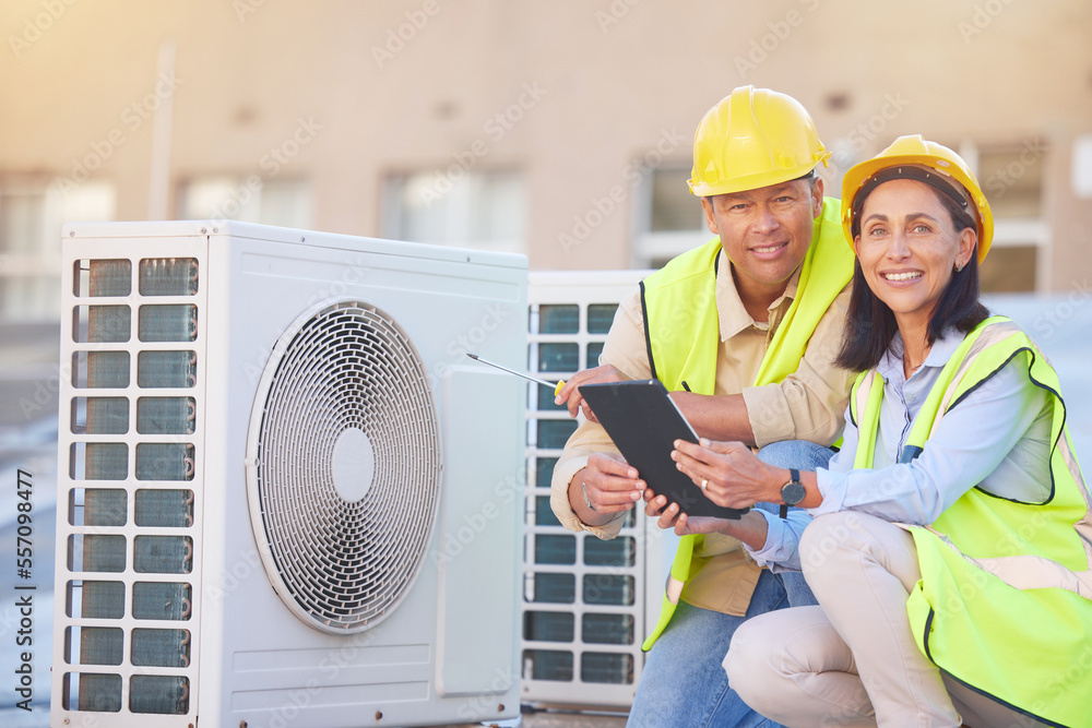 Air conditioner, building maintenance and teamwork with tablet, smile ...