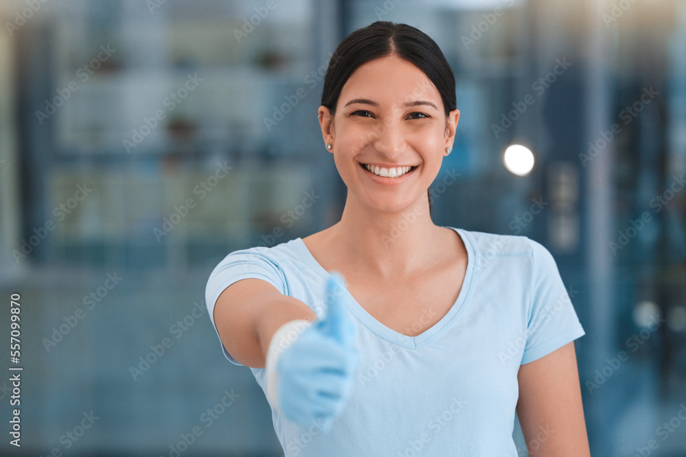 Cleaning woman, thumbs up portrait and office with smile, gloves and ...