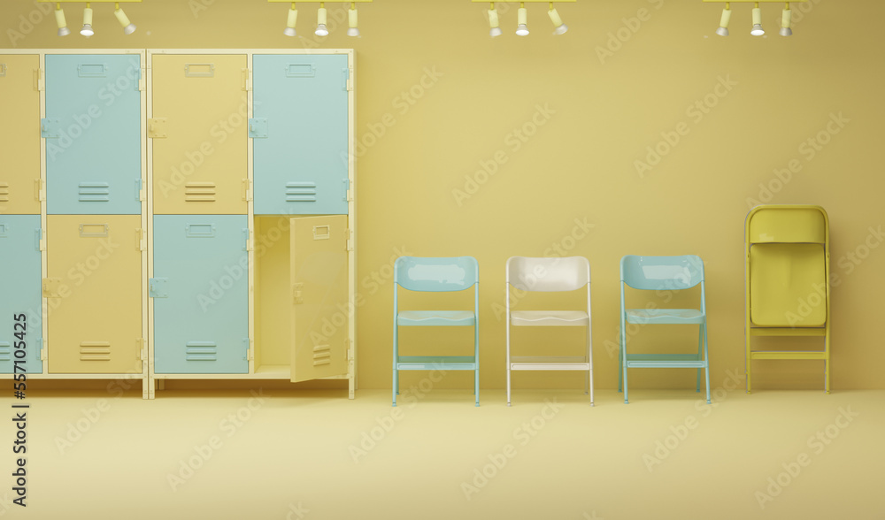 Creative composition. Row of lockers in the hallway on pastel yellow ...