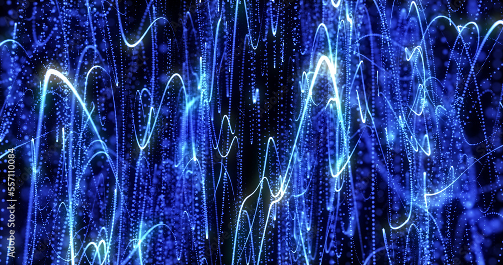 Abstract background blue from pixel particles and lines flying in waves ...