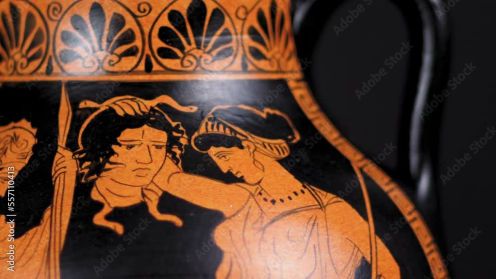 Dolly of a replica Greek Amphora or Vase that tells the myth of Perseus ...