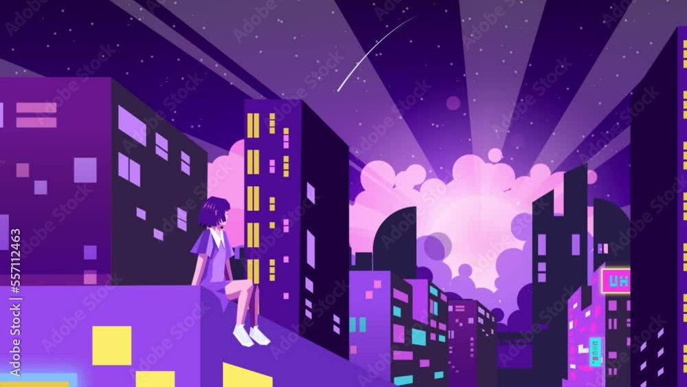 Young Girl Sitting On The Top Of The Roof At Night 2D Animation. Night ...
