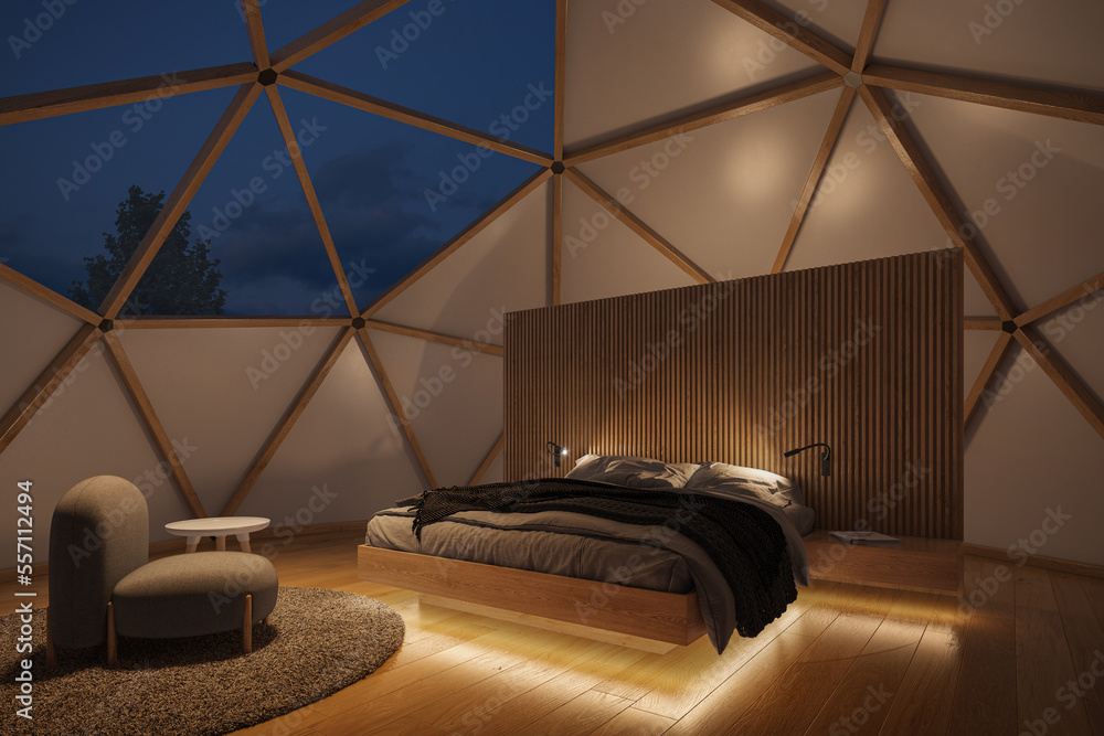 Geodesic dome glamping tent as hotel. Fabric and wood framed yurt ...