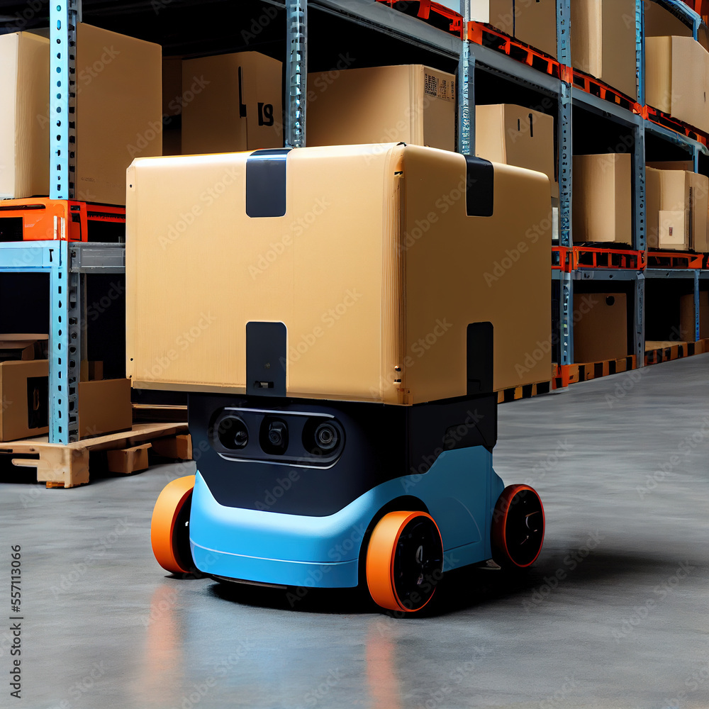 Interior of warehouse in logistic center with automated guided vehicle ...