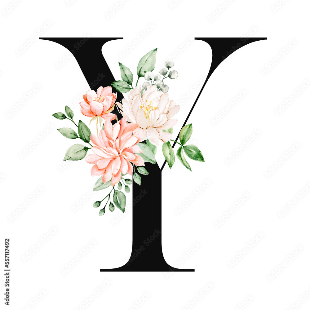 Alphabet, letter Y with watercolor flowers and leaf. Monogram initials ...