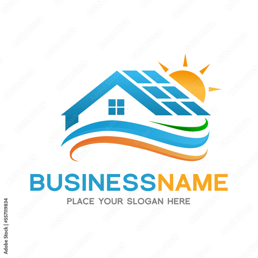 Solar home logo template. Solar panel and sun vector design. Renewable ...