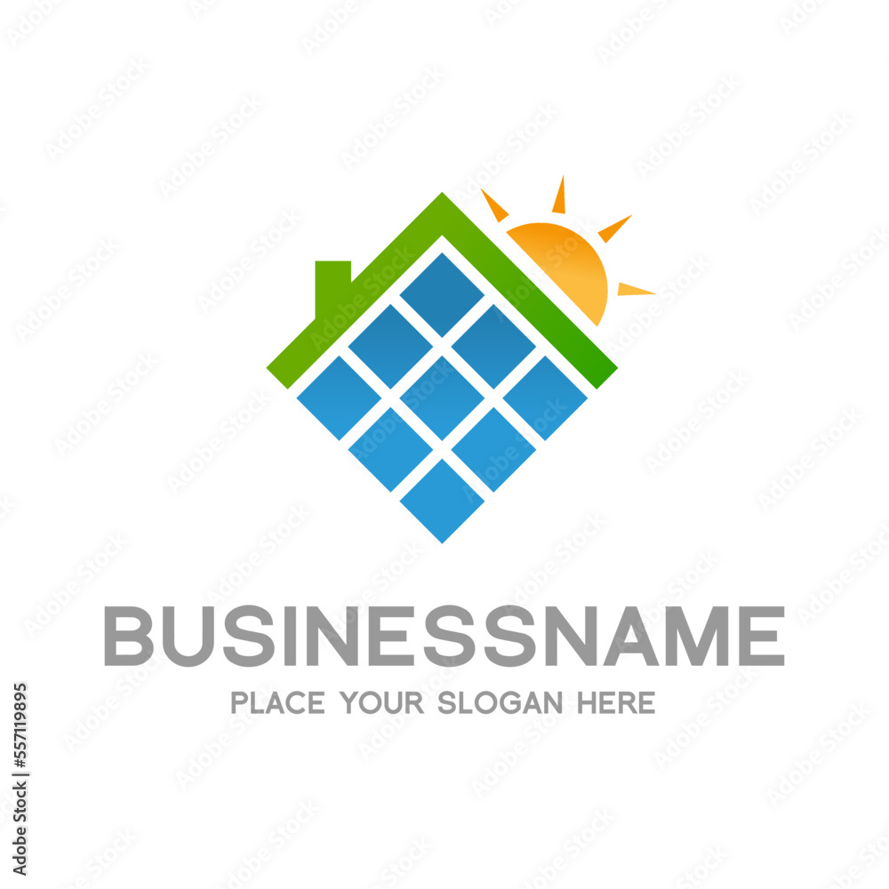 Solar home logo template. Solar panel and sun vector design. Renewable ...