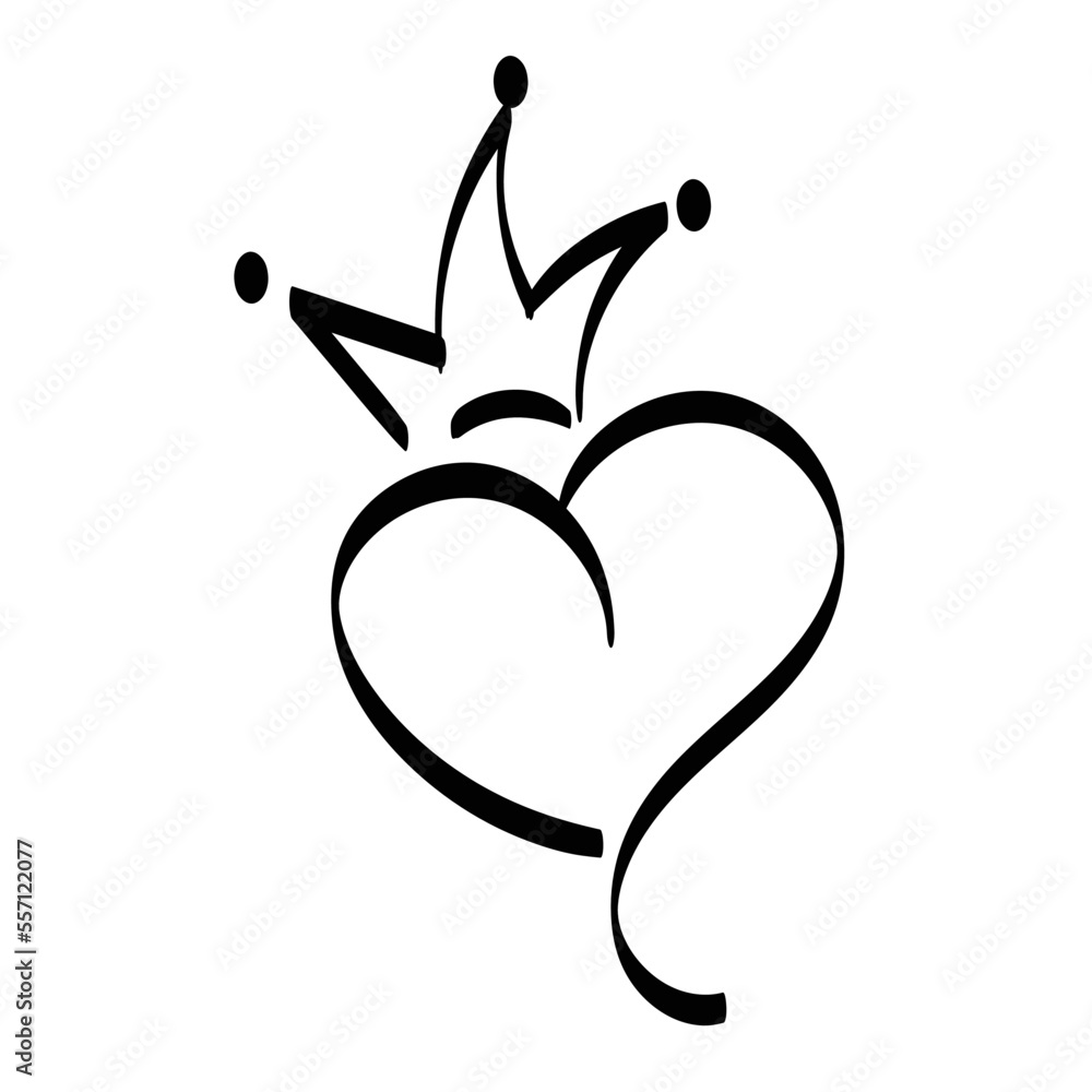 Hand drawn crowned heart. Doodle princess, king and queen crown on ...