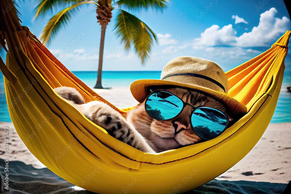 Portrait of an adorable lazy cat in sunglasses laying in a hammock on ...