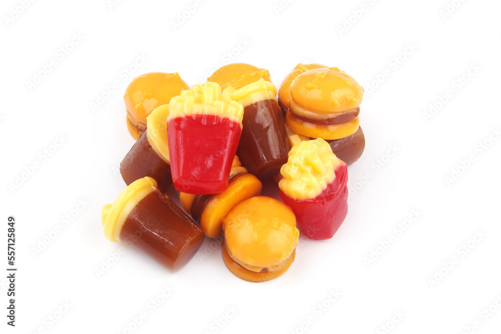 Fast food shaped candies isolated on white background. Cola, fried ...