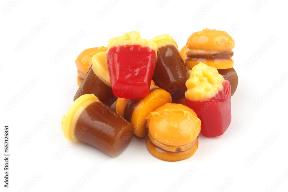 Gummy fast food shaped candies isolated on white background. Cola ...