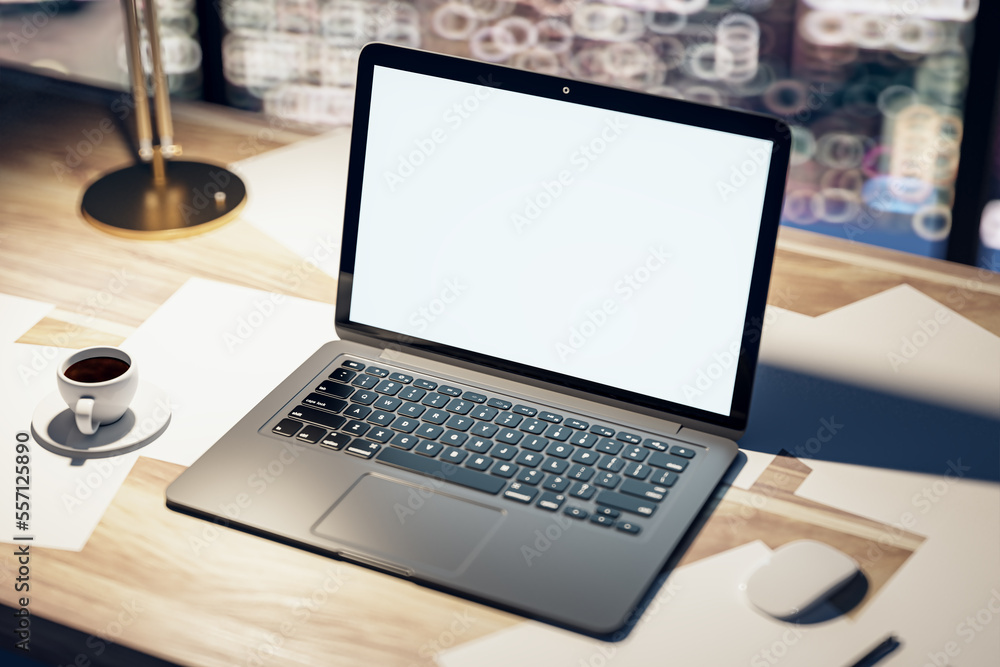 Perspective top view on white modern laptop monitor with space for your ...