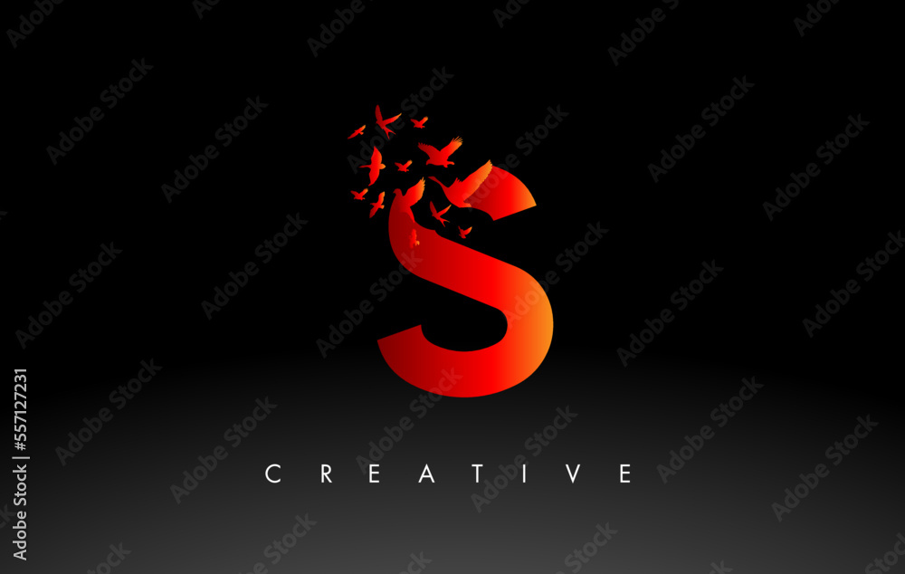 Red S Logo Letter with Flock of Birds Flying and Disintegrating from ...