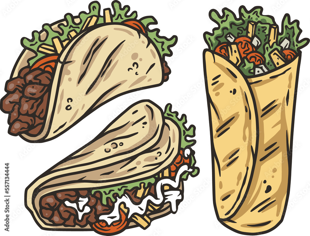 Burrito and taco vector set with meat and vegetable for design ...