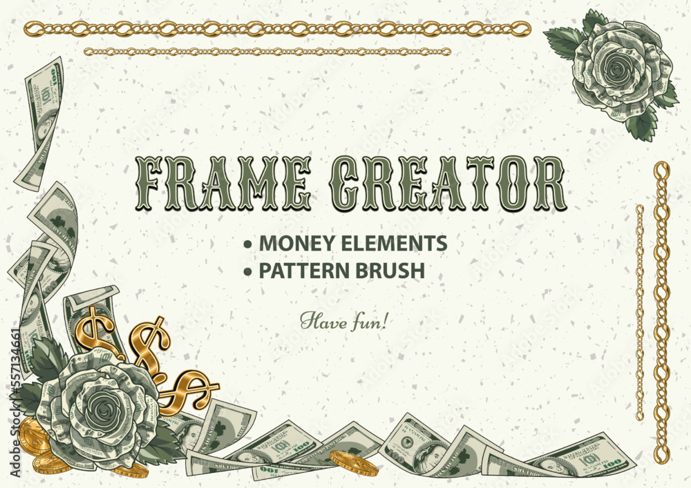 Money themed frame creator with corner elements, pattern chain brush ...