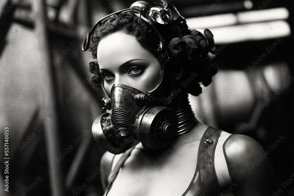 woman with gasmask, fabric, body, spooky, attractive, erotic, destruction, warm lights, punk ...