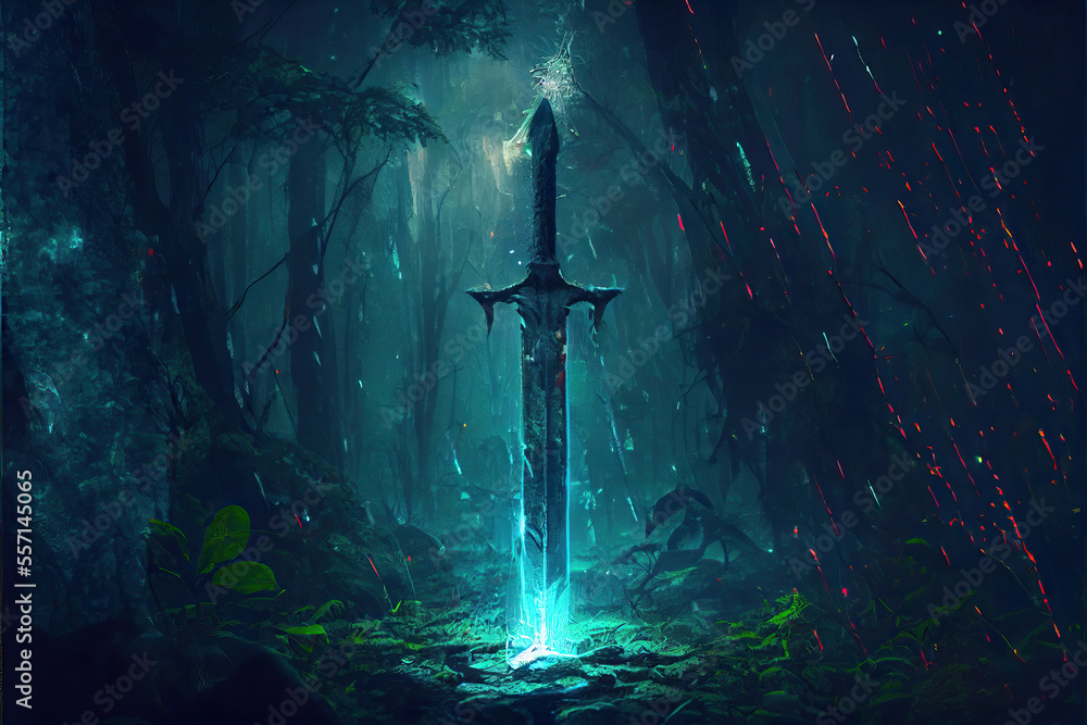 A magic glowing horror sword in front of a dark rain brilliant colour ...