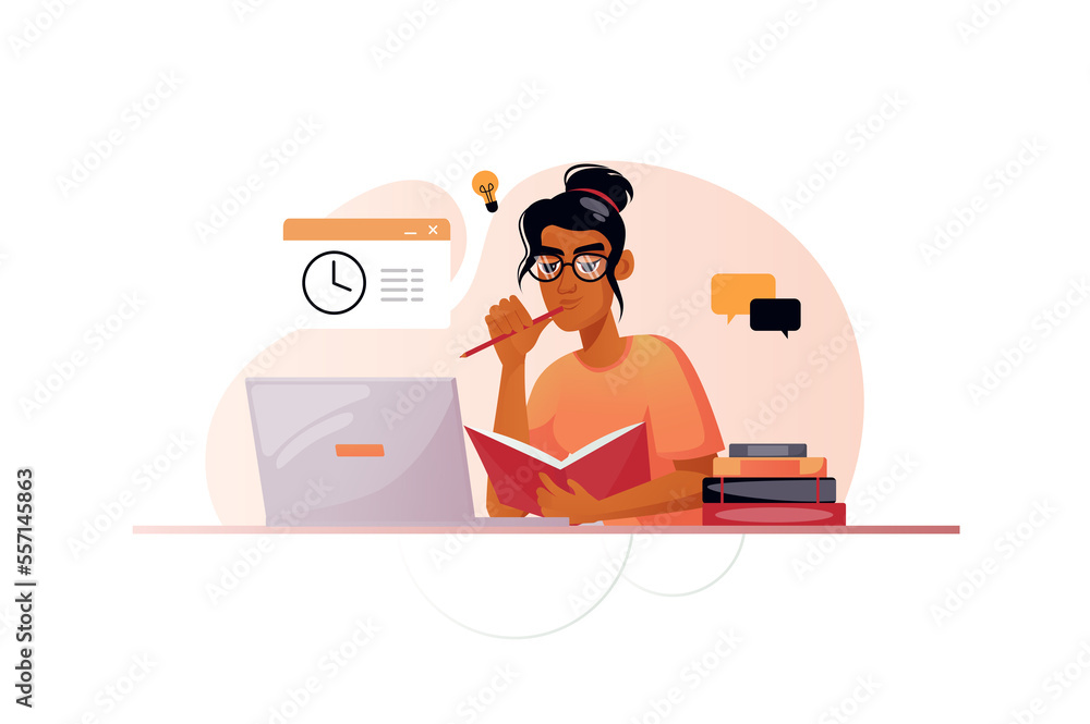 Study orange concept with people scene in the flat cartoon design. Girl ...