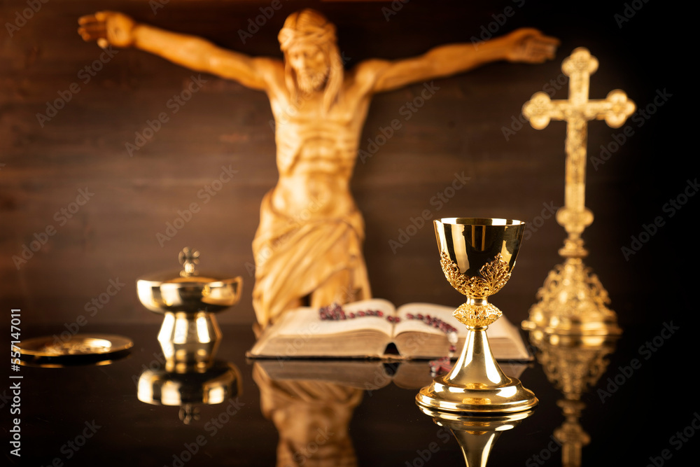 Catholic religion concept. Catholic symbols composition: cruciefied ...