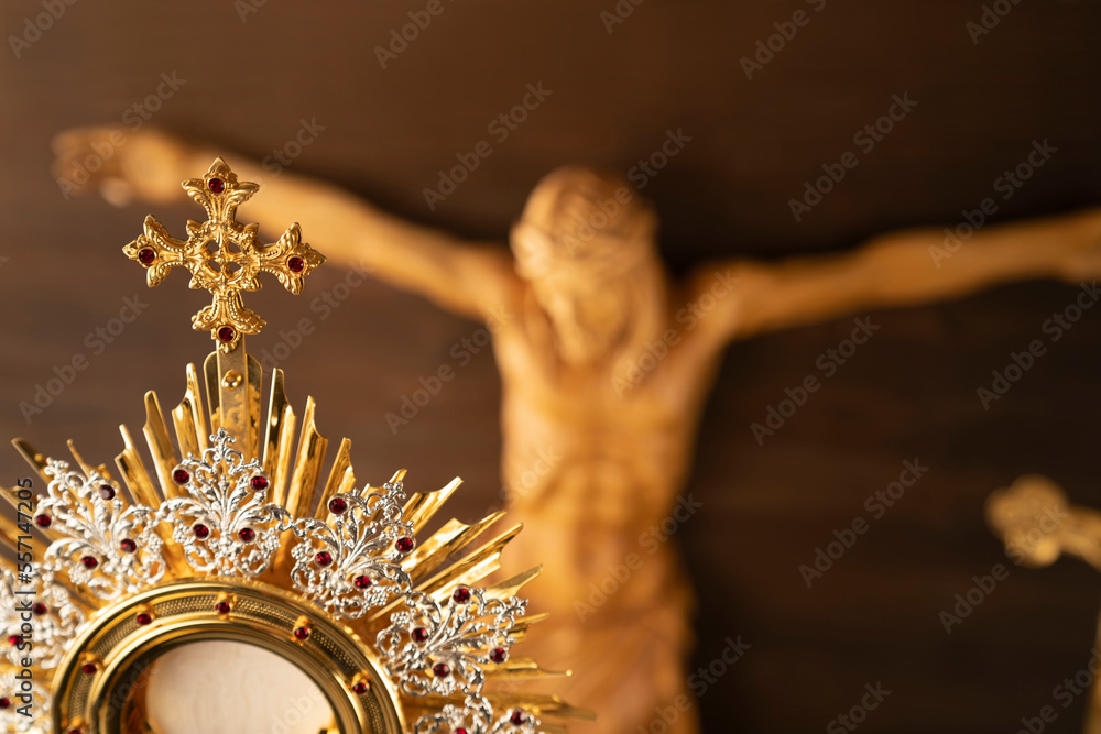 Catholic religion concept. Catholic symbols composition: cruciefied ...