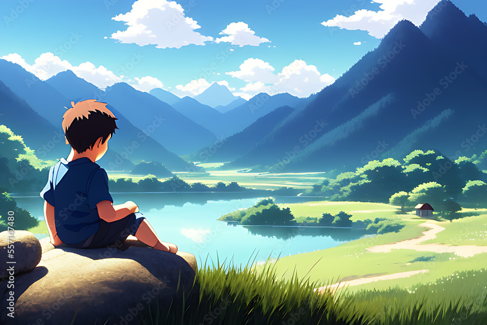 Chico sentado frente a paisaje hermoso de anime con montañas y bosques ...