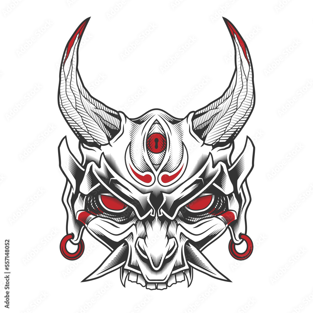 Oni mask. Vector illustration in engraving technique of horned "Yōkai ...